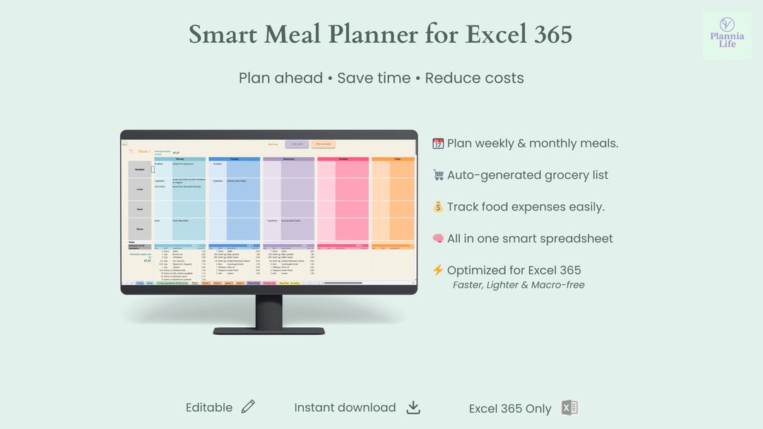 Weekly Excel Meal Planner | Smart Grocery List, Ingredient Cost ...