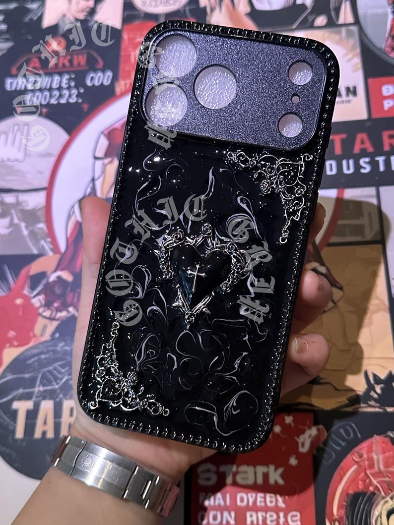 Gothic Luminous Black Heart Cross Phone Case, Punk Y2K Style - Etsy