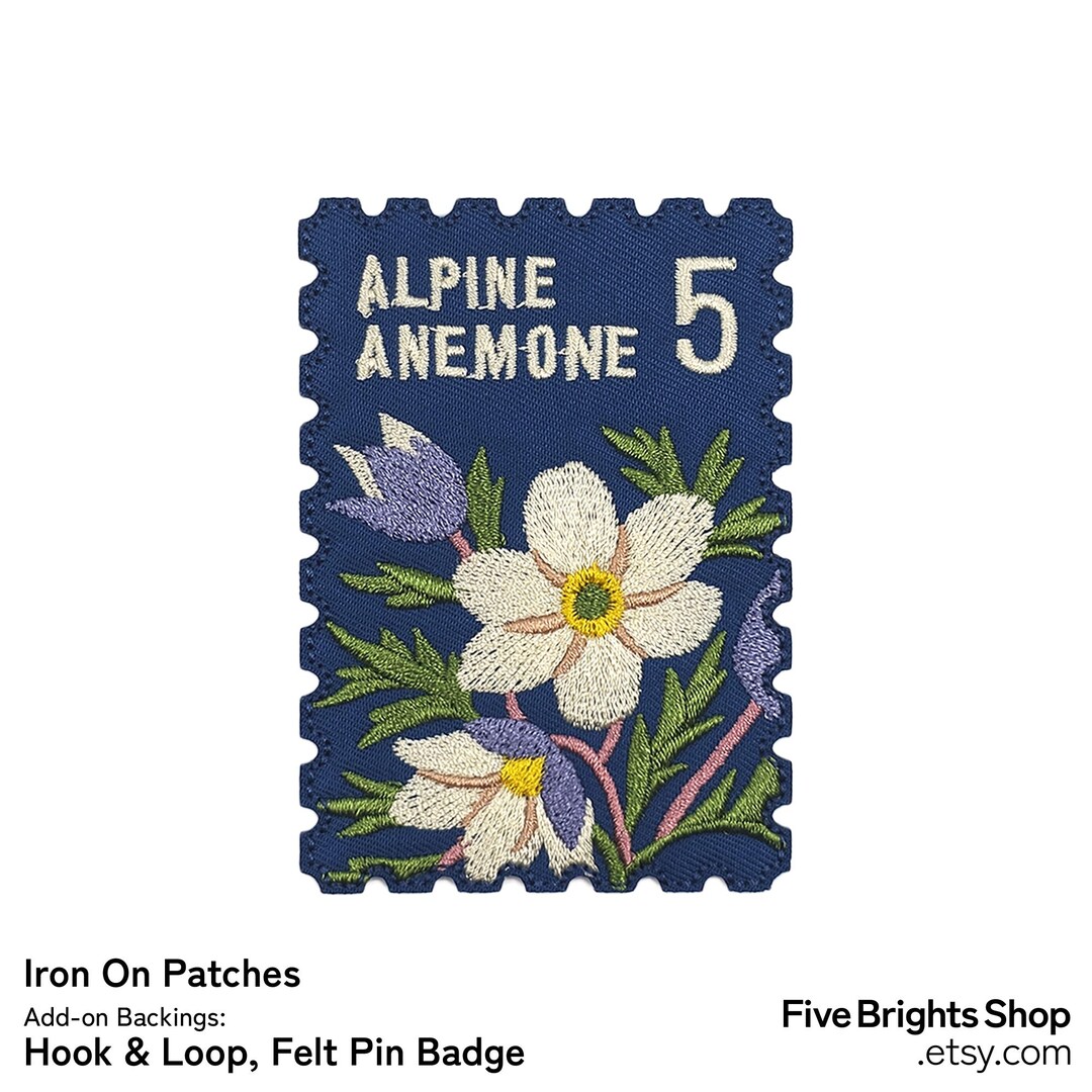 Alpine Anemone - Floral Postage Stamps - Iron on Embroidered Patch ...