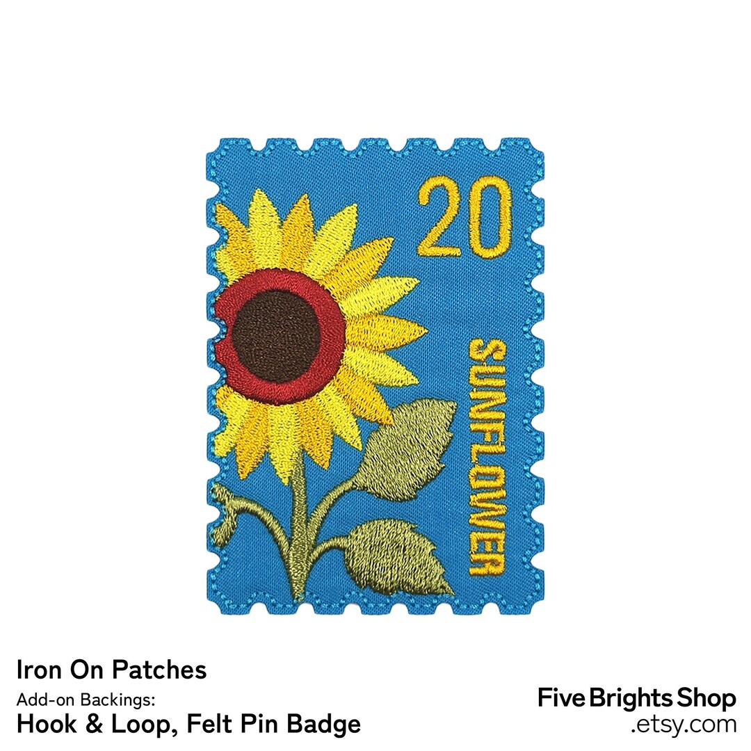 Sunflowers - Floral Postage Stamps - Iron on Embroidered Patch - Pin ...
