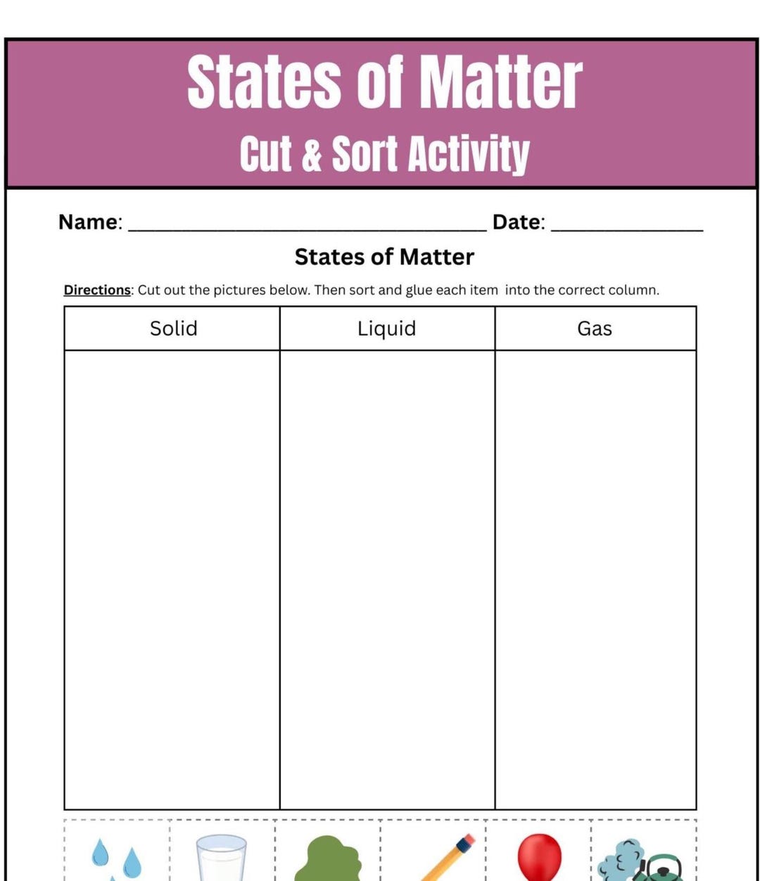 States of Matter Cut & Sort Worksheet – Science STEM (PDF) - Etsy