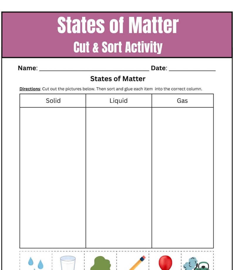 States of Matter Cut & Sort Worksheet – Science STEM (PDF) - Etsy