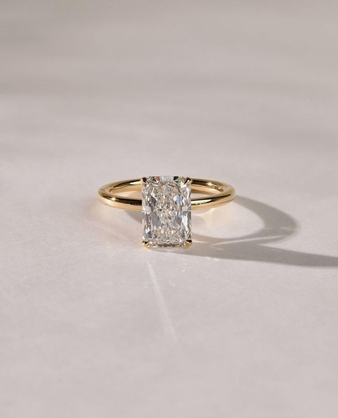 Elongated 3 CT Radiant Cut Moissanite Solitaire Ring, Hidden Halo ...