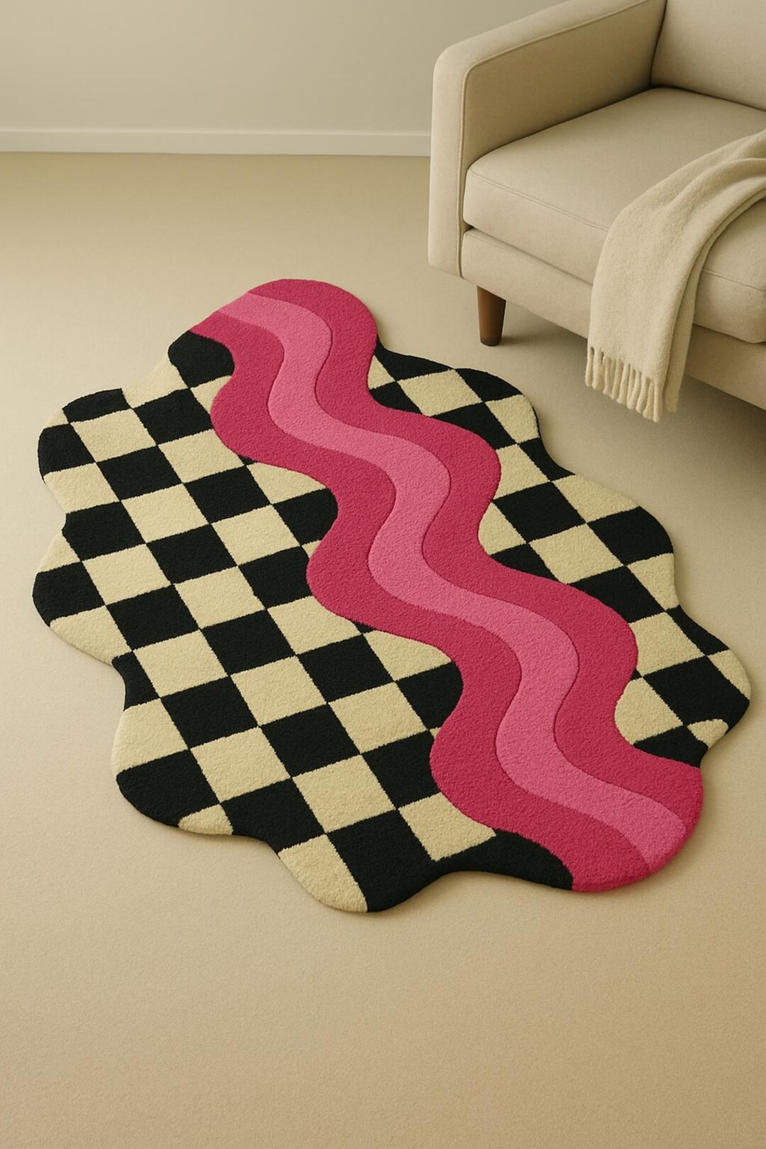Hand Tufted Wool Irregular Shape Modern Checker Wave Pattern Carpet for ...