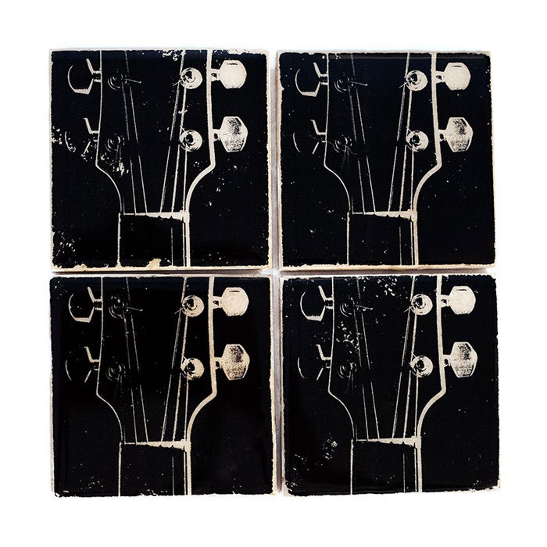 Guitar Coaster Set (4 Stone Coasters, Black and White) Music Home Decor ...