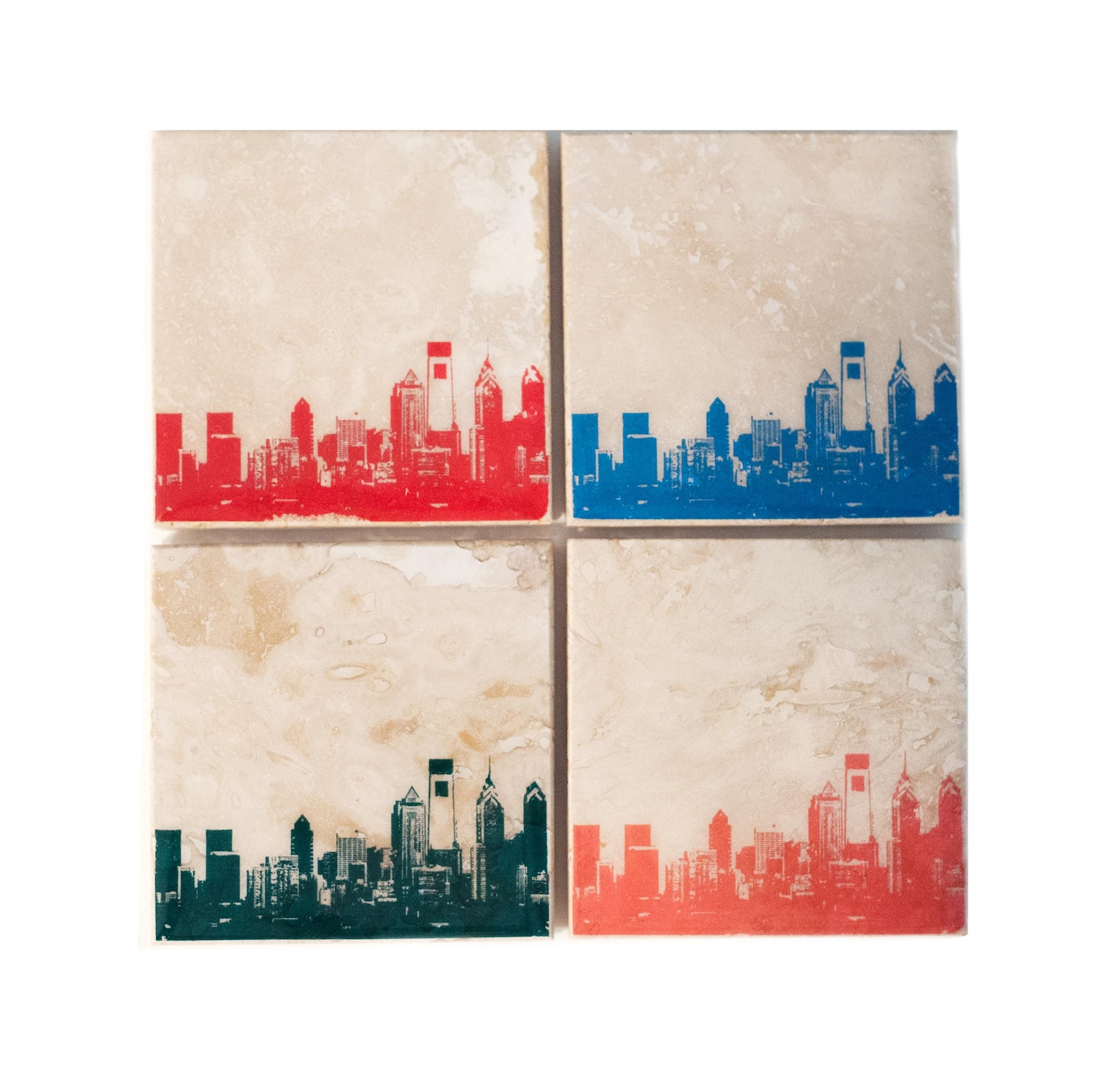 Philadelphia Skyline Coaster Set (4 Stone Coasters, Orange, Green, Blue ...