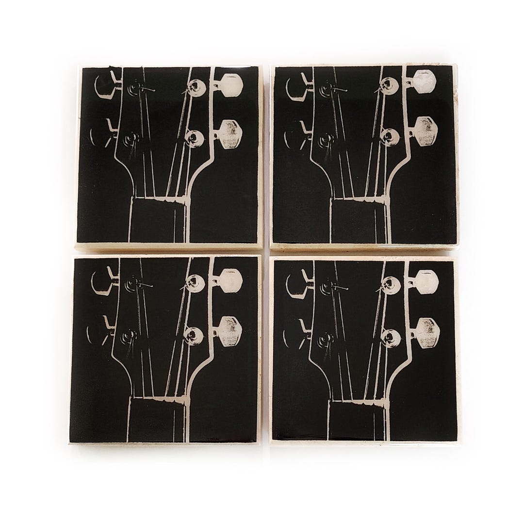 Guitar Coaster Set (4 Stone Coasters, Black and White) Music Home Decor ...