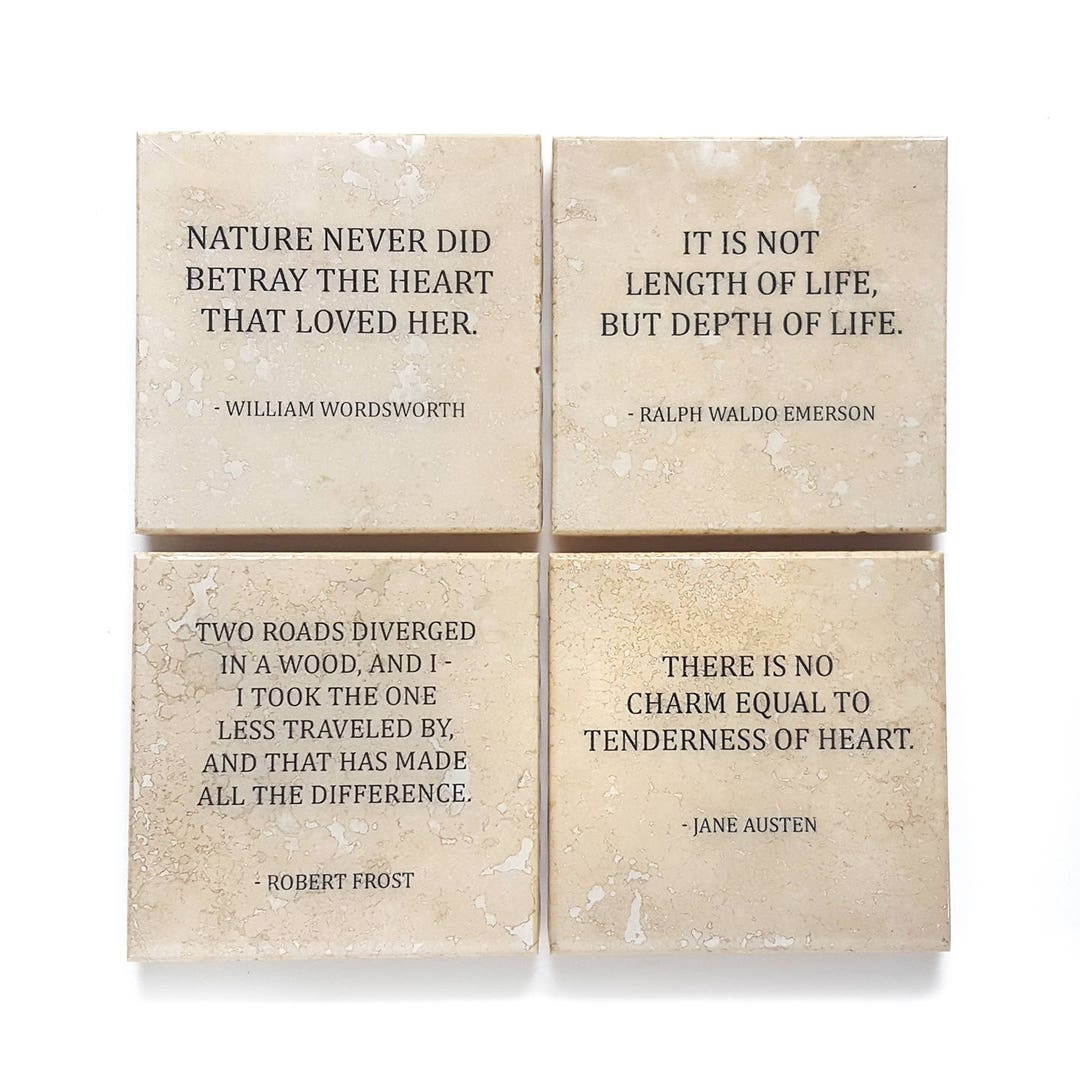 Literature Quote Coaster Set (4 Stone Coasters) Austen, Emerson, Frost ...