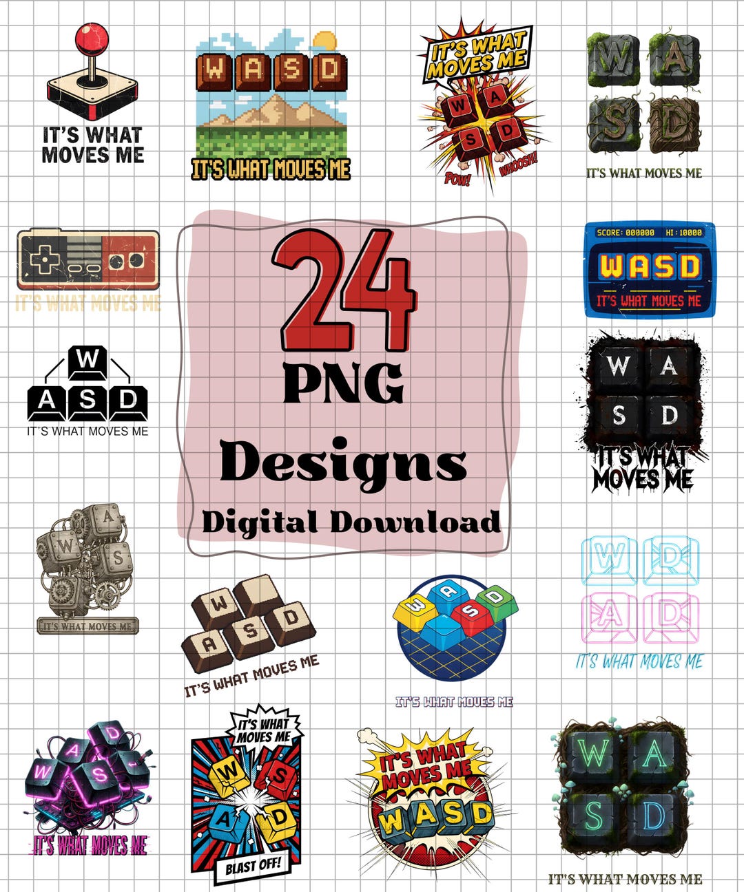 WASD It's What Moves Me Gamer Sticker Bundle | 24 PNG Designs Digital ...