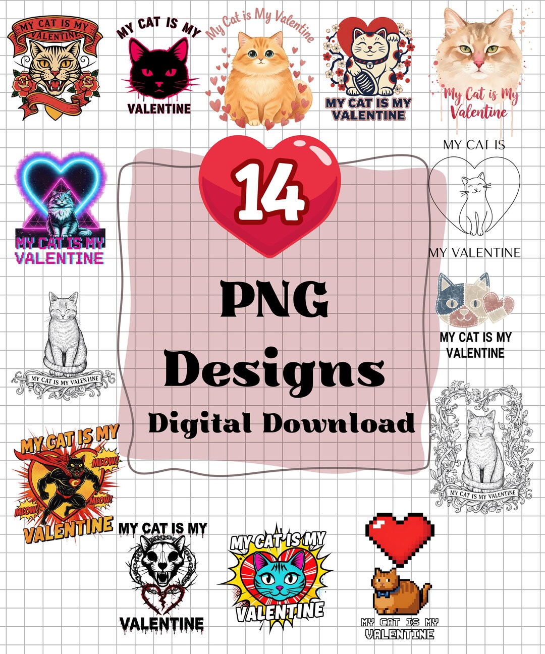 Valentine Cat PNG Bundle, 14 Love-themed Feline Designs, Printable ...