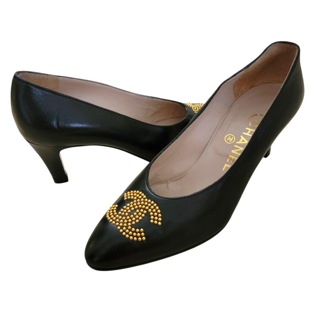 Vintage Chanel CC Logo Black Leather Pumps Gold Beaded Heels IT 36.5 - Etsy