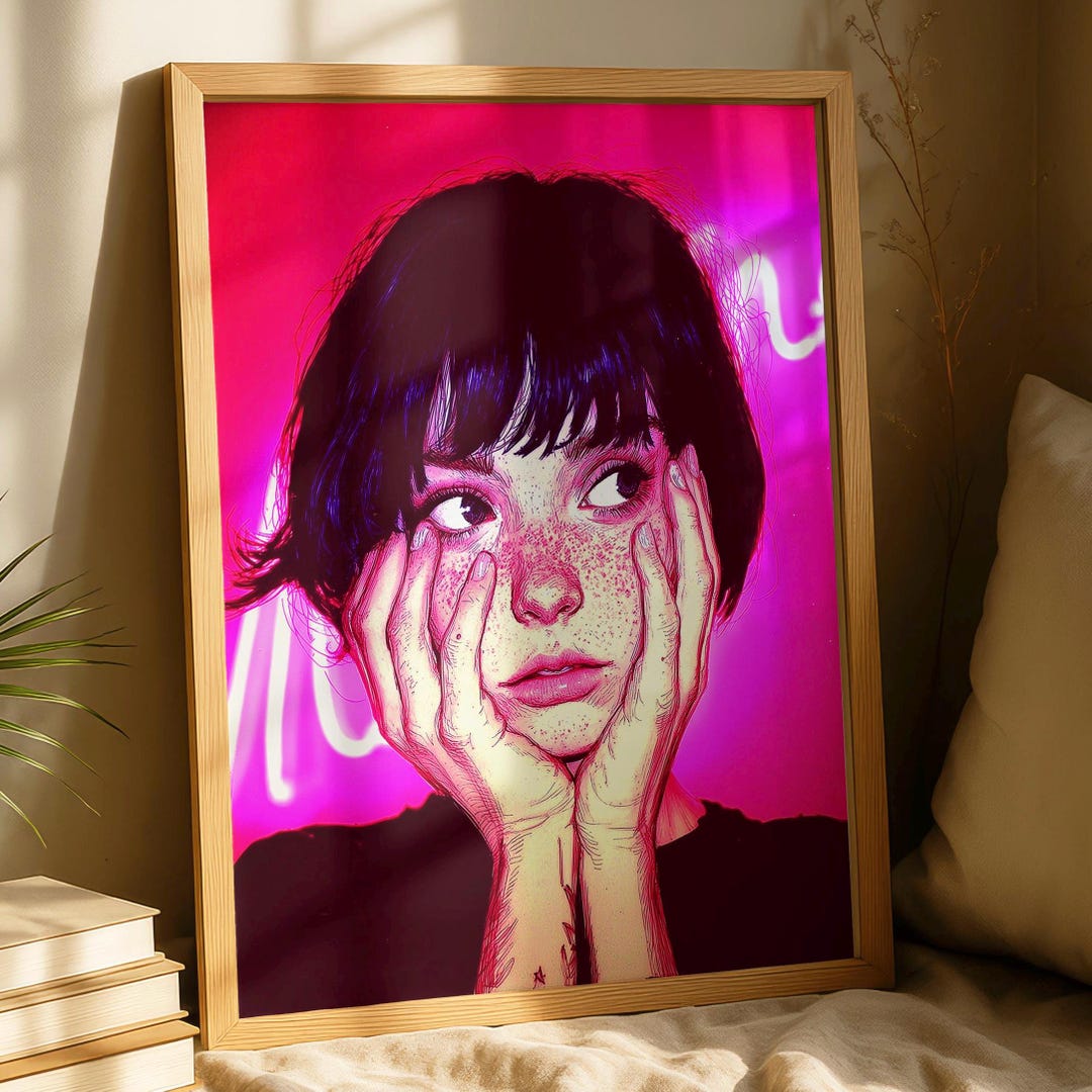 Neon Freckled Girl Portrait Art Print – Vaporwave Anime (digital ...