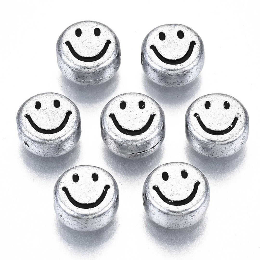 Emoji Beads Smiley Face Beads Antiqued Silver Happy Beads 8mm Acrylic ...