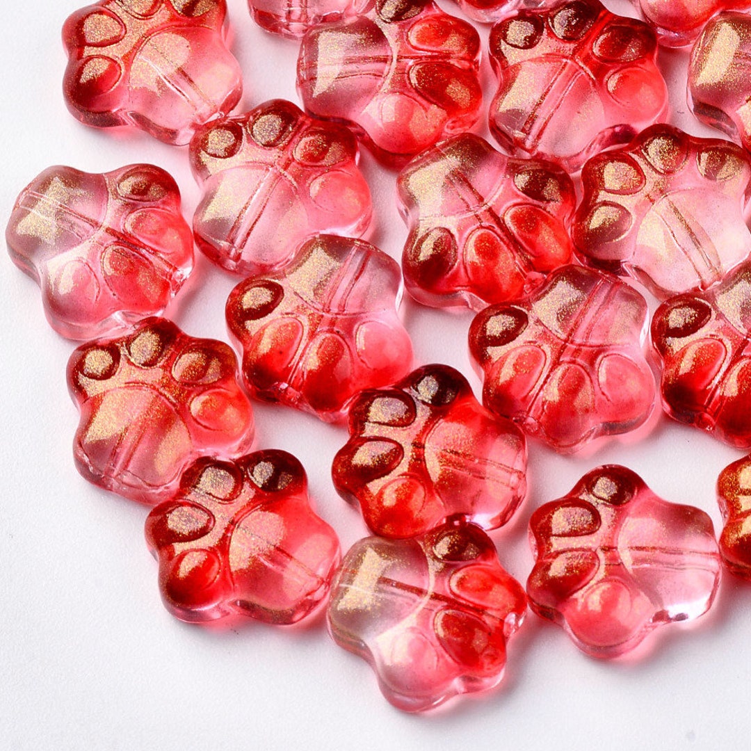 Glass Paw Print Beads Red Gold Beads Glitter Paw Beads Red Glass Beads ...