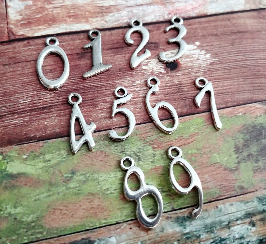 10 Number Charms Antiqued Silver Number Pendants 0-9 Numbers | Etsy