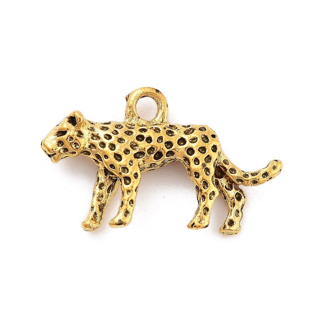 Leopard Charms Antiqued Gold Animal Pendants 2 Sided Cheetah Jungle ...