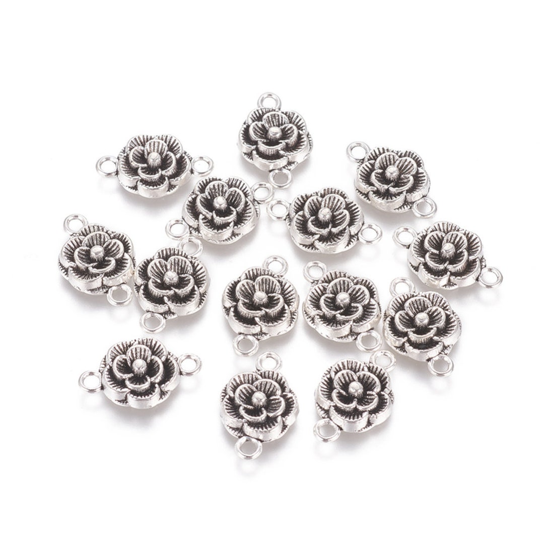 Rose Connector Charms Flower Charms Antiqued Silver Rose Charms Rose ...