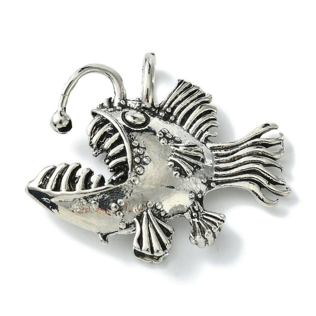 Angler Fish Charm Antiqued Silver Piranha Nautical Jewelry Pendant 49mm ...