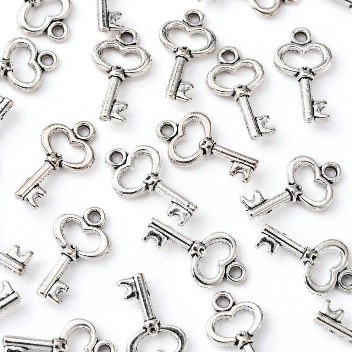 Silver Key Charms Antiqued Silver Charms Heart Key Charms Miniature ...