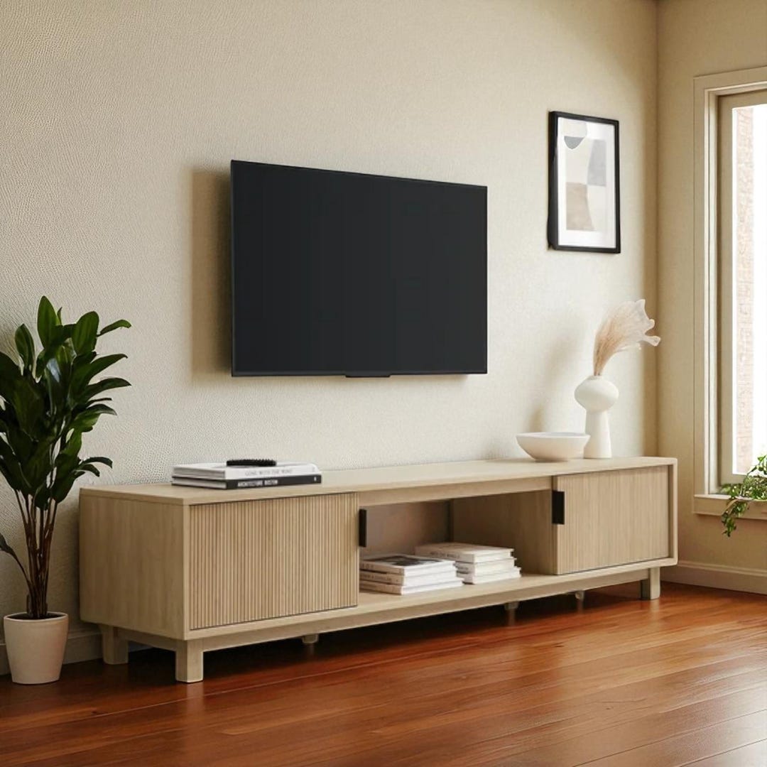 Mid Century Modern Reeded TV Stand for 80" TV, 2 Door Media Console ...