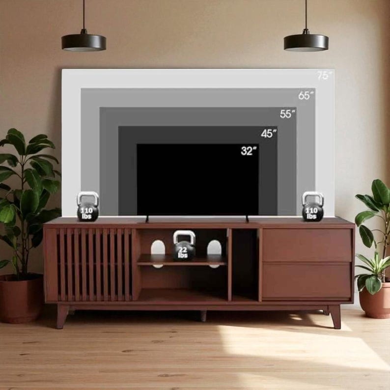 Mid-century Modern TV Stand – Slatted Door Farmhouse Media Console for ...