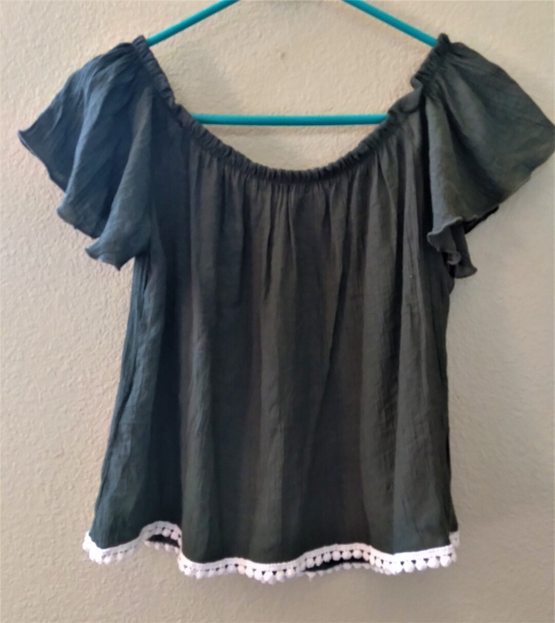 Cute Army Green Cotton/poly Gauze PEASANT Top, Size Teens Large/woman X ...