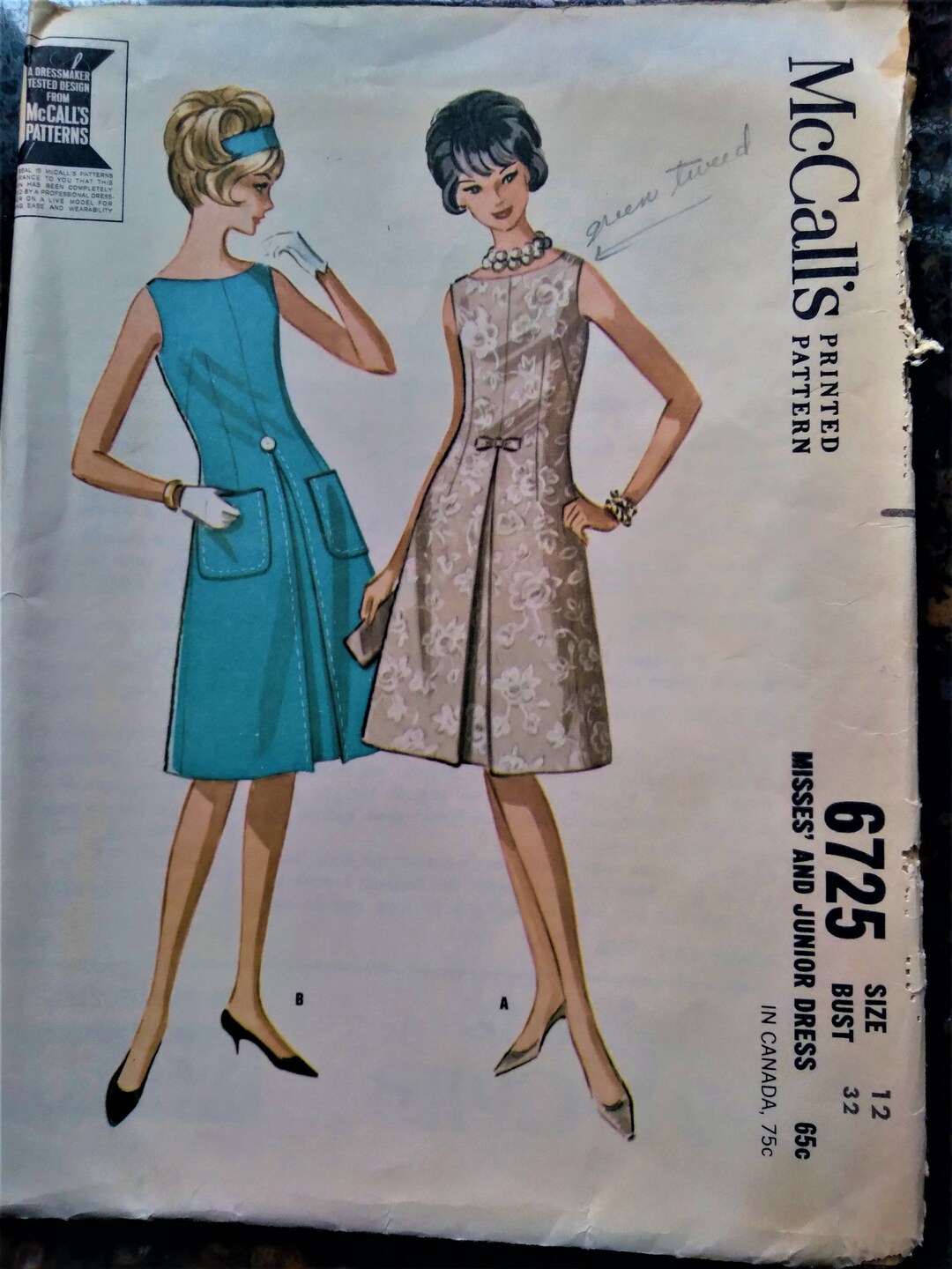 Vintage 1963 Mccall's Sewing Pattern (#6725) Misses & Junior Dress Size ...