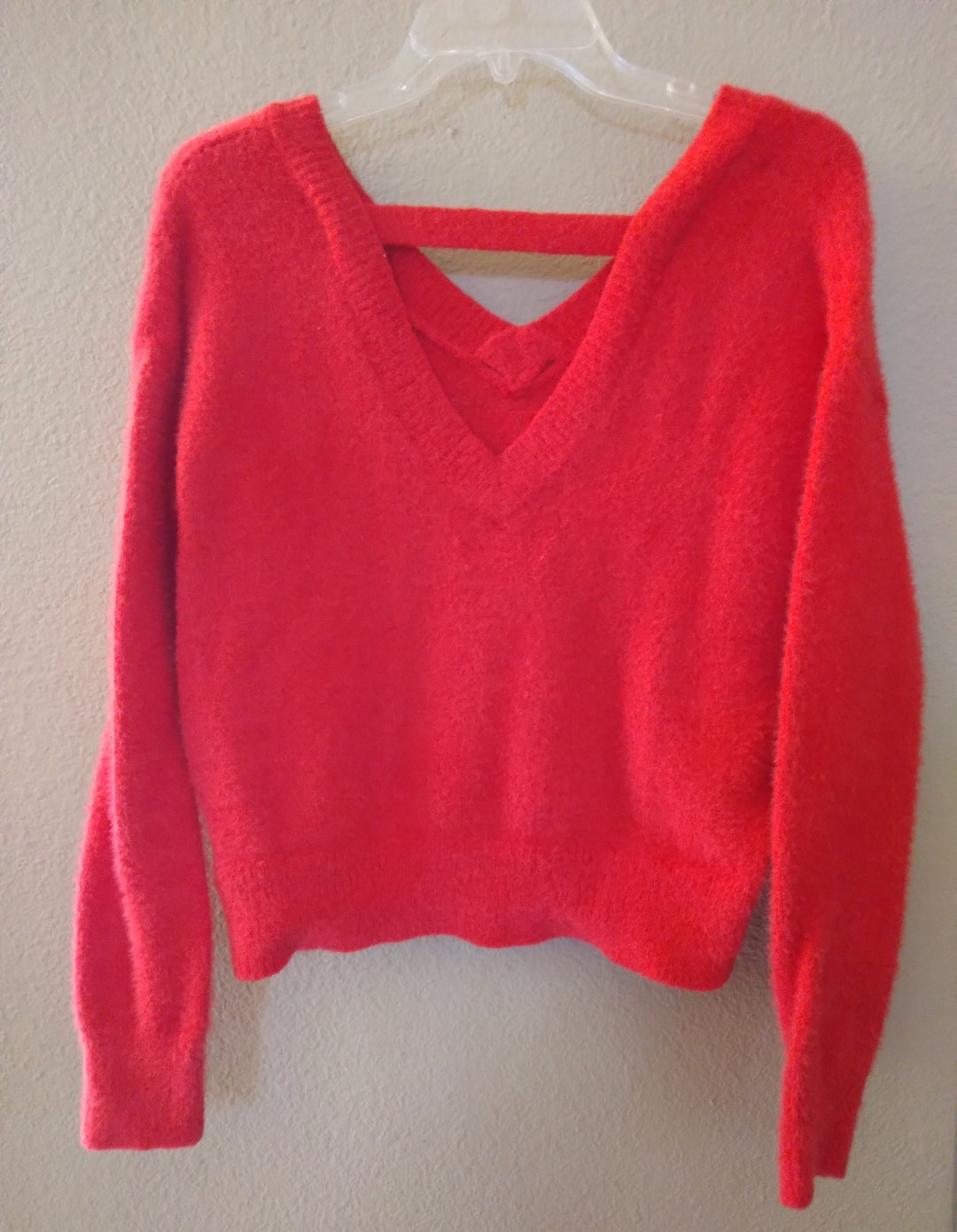 Soft Fuzzy Long Sleeve Red Sweater With Deep V-neck Front & - Etsy