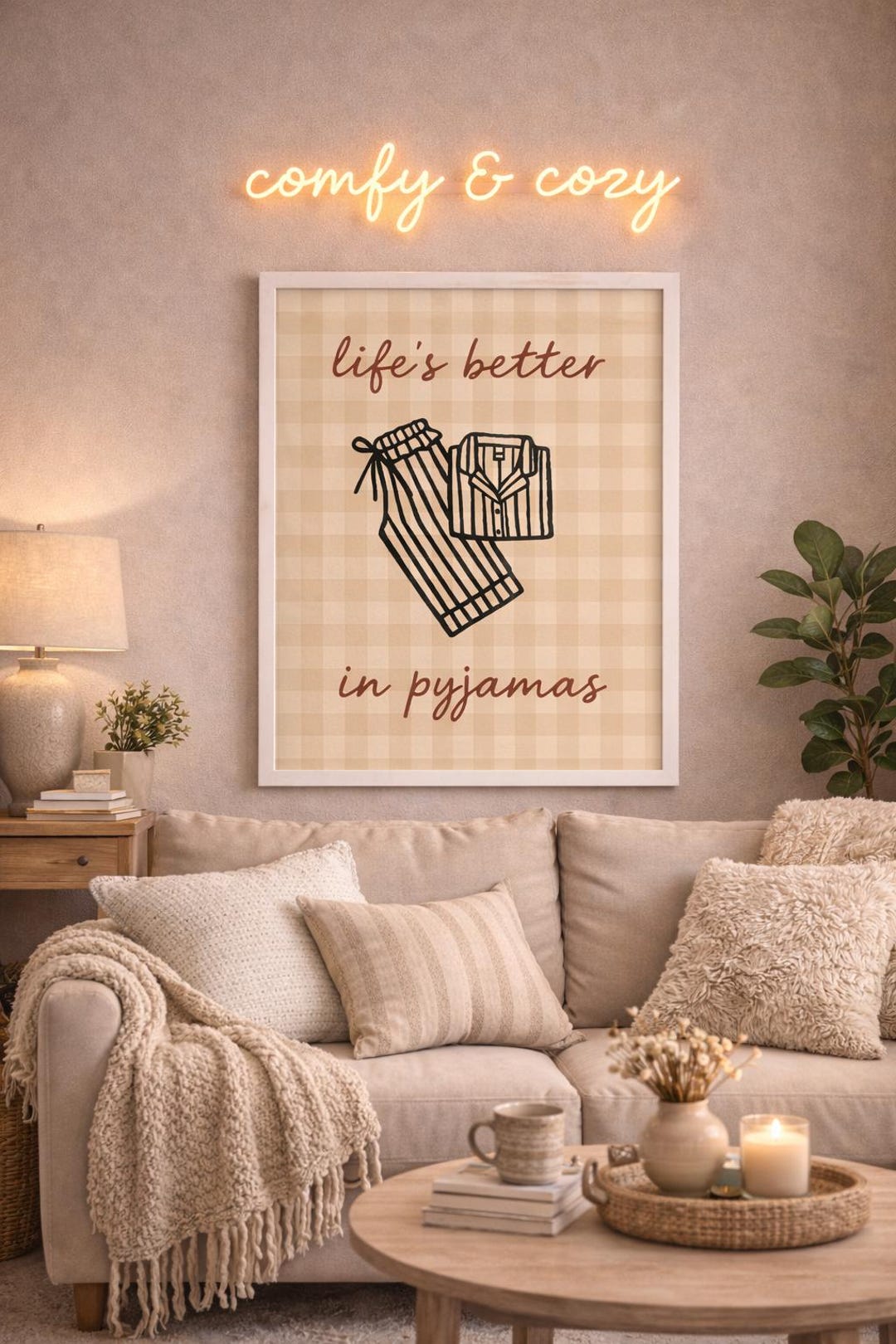 Life’s Better Pyjamas Poster, Funny Quote Wall Art, Neutral Bedroom ...