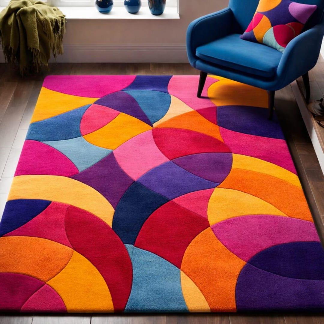 Colorful Abstract Hand Tufted Rug, Modern Geometric Wool Carpet, Bright ...