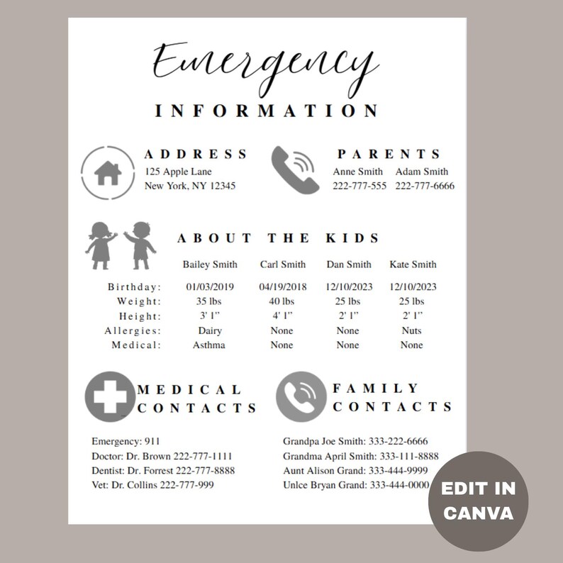 Editable Emergency Contact Form | Printable Emergency Info Sheet ...