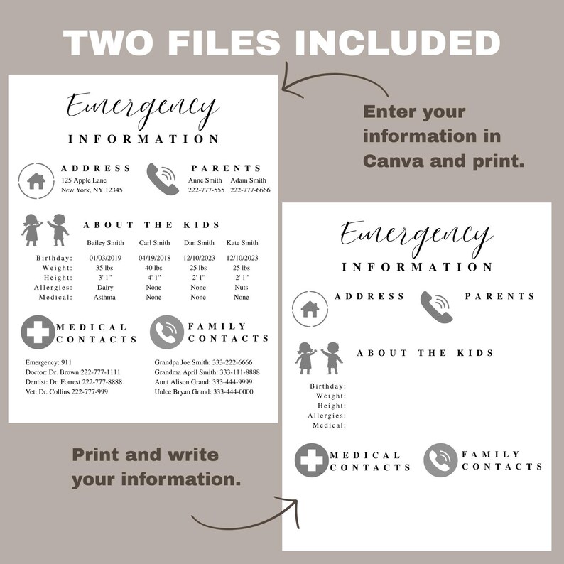 Editable Emergency Contact Form | Printable Emergency Info Sheet ...