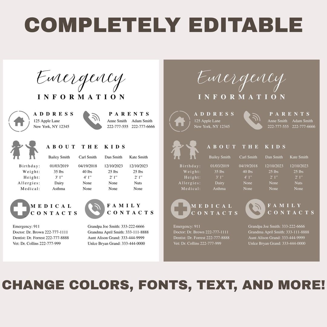 Editable Emergency Information Template, Emergency Information Sheet ...