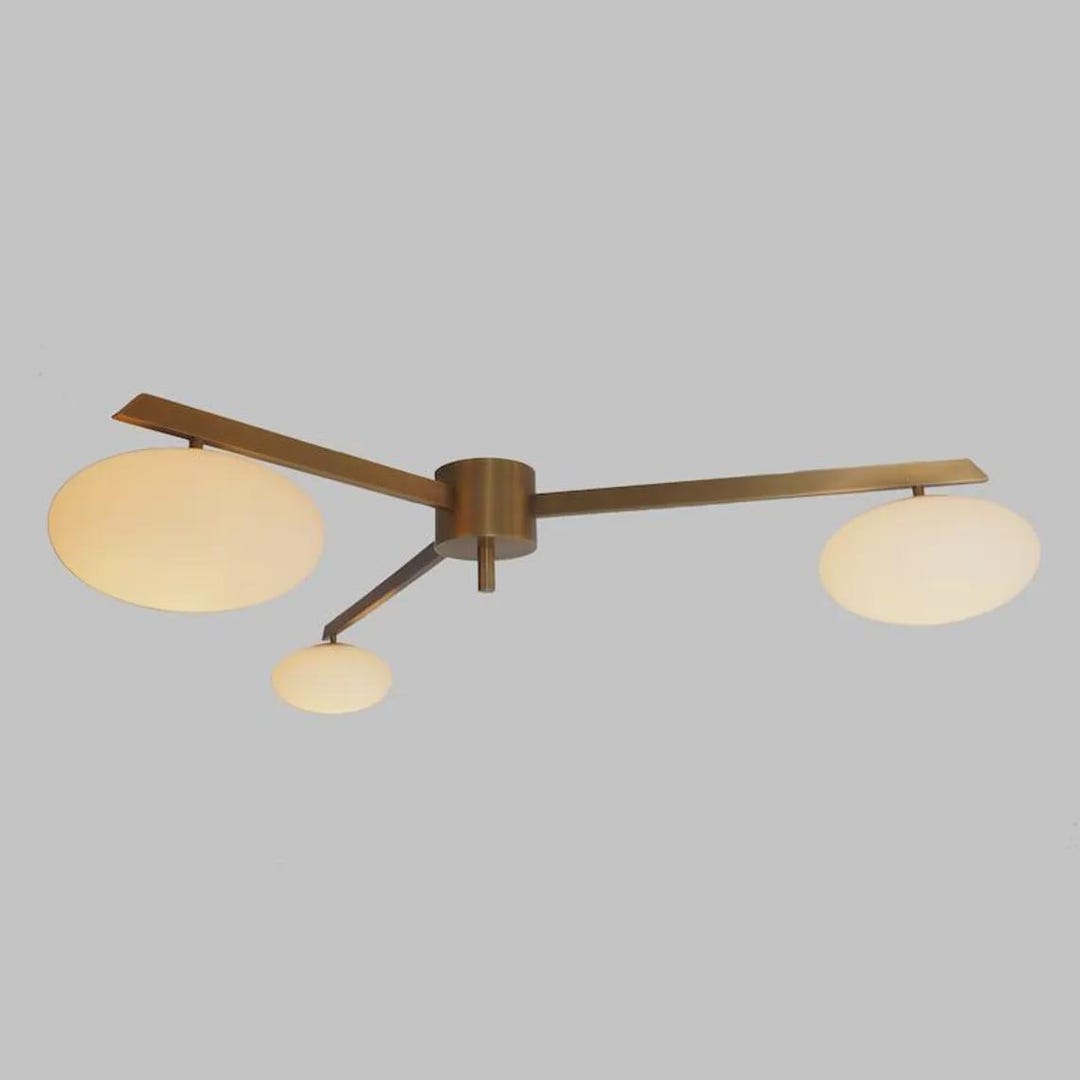 Mid Century Modern Brass Flush Mount Chandelier, Opal Glass Disc Shades ...