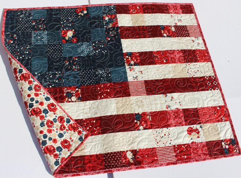 American Flag Quilt Faux Patchwork Home Decor Patriotic USA United ...