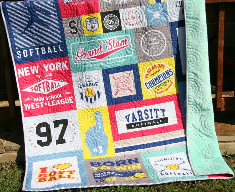 Softball Quilt, Patchwork Blanket, Adult Minky, Varsity Sports Fan ...