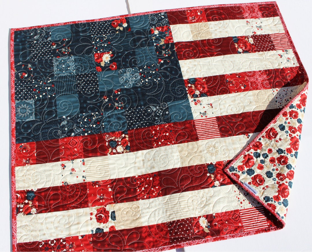 American Flag Quilt Faux Patchwork Home Decor Patriotic USA United ...