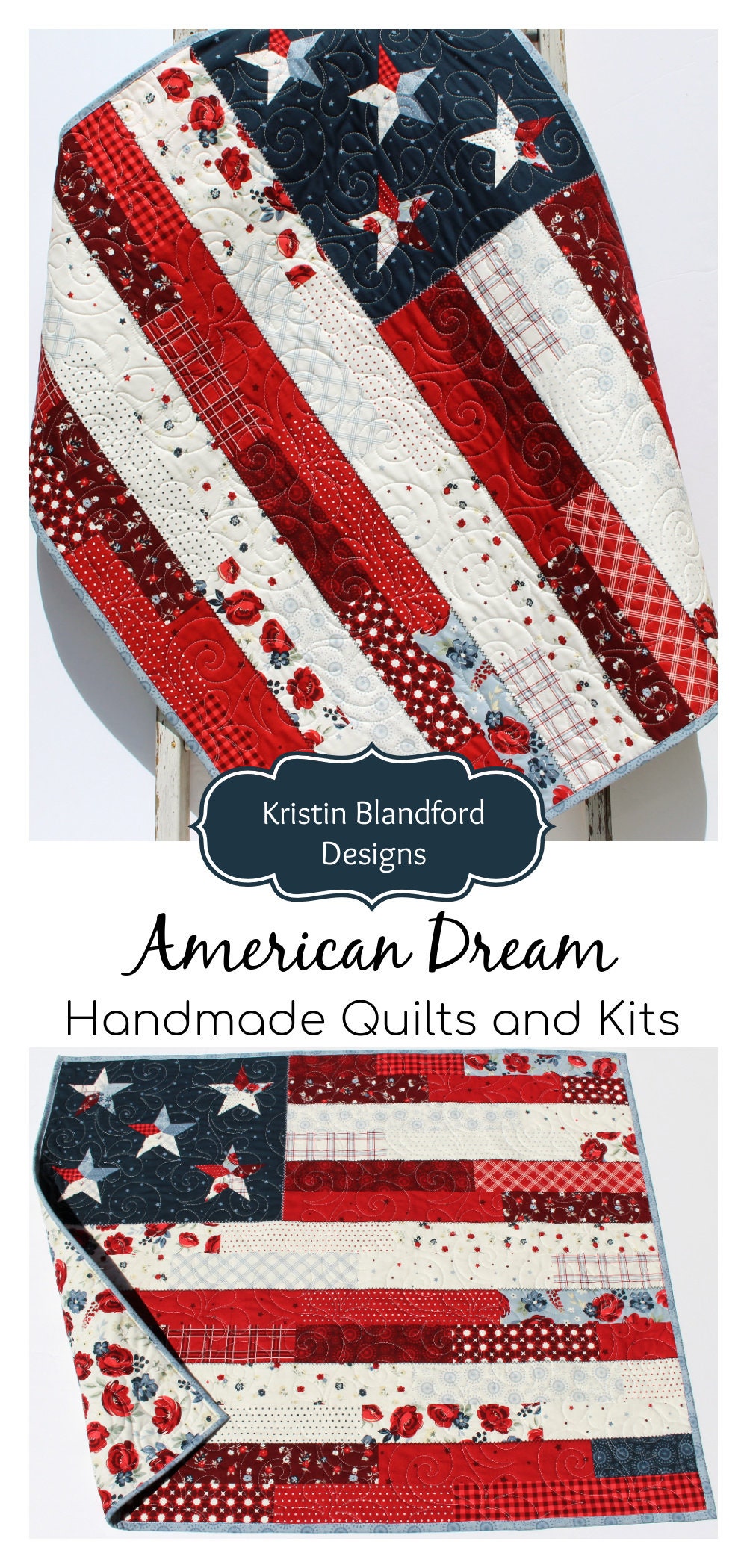 American Dream Flag Quilt Faux Patchwork Home Decor Patriotic USA ...