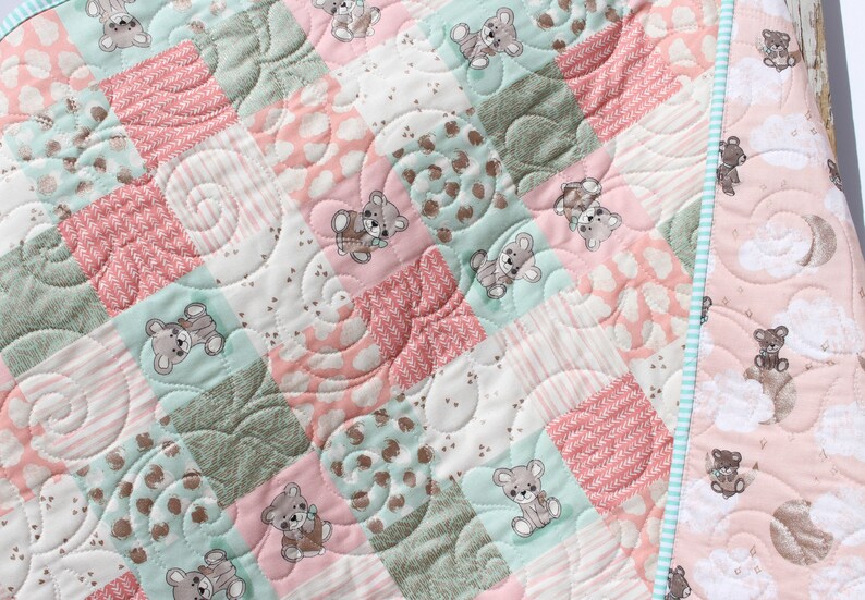 Baby Girl Quilt Handmade Newborn Blanket Coral Teddy Bear | Etsy