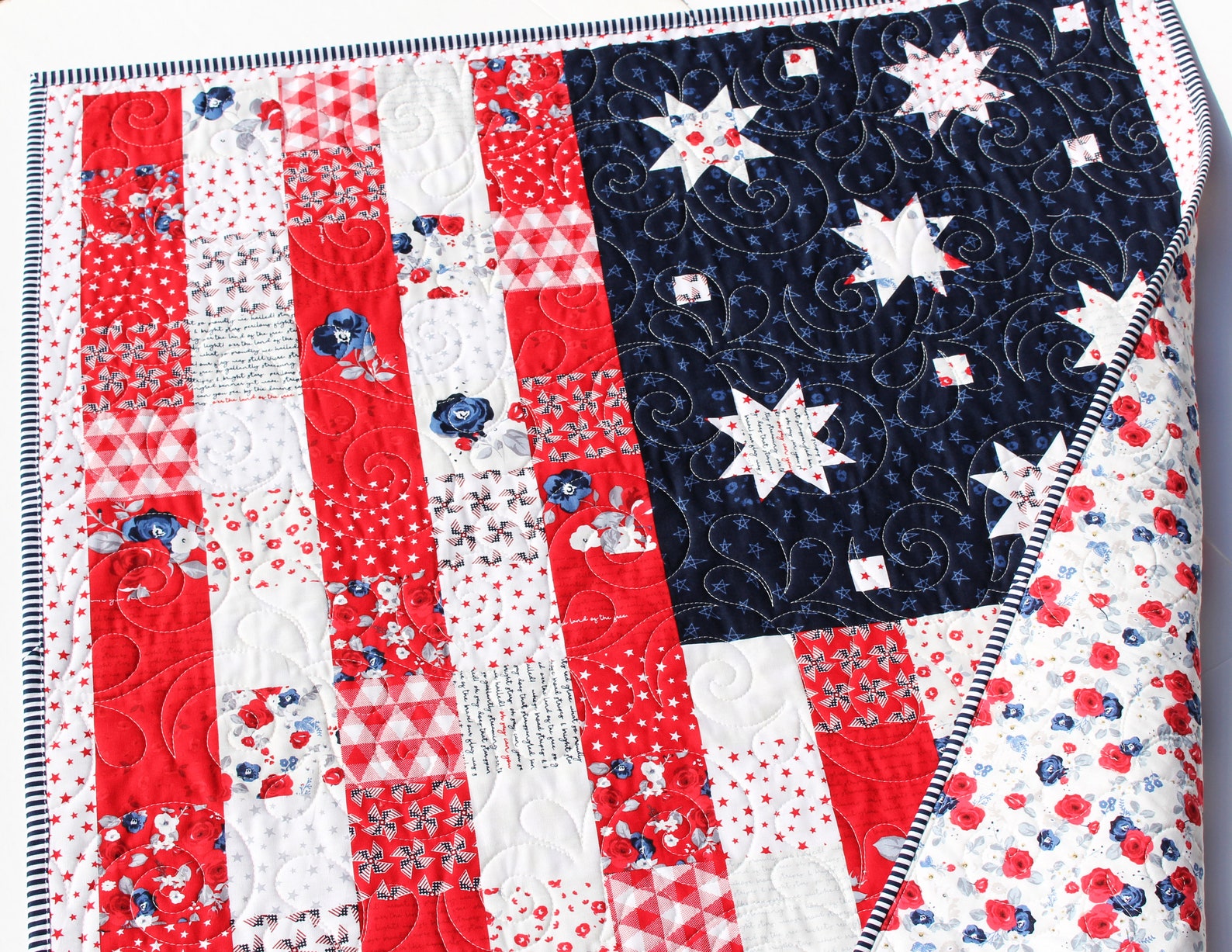 American Flag Quilt Faux Patchwork Home Decor Patriotic USA United ...