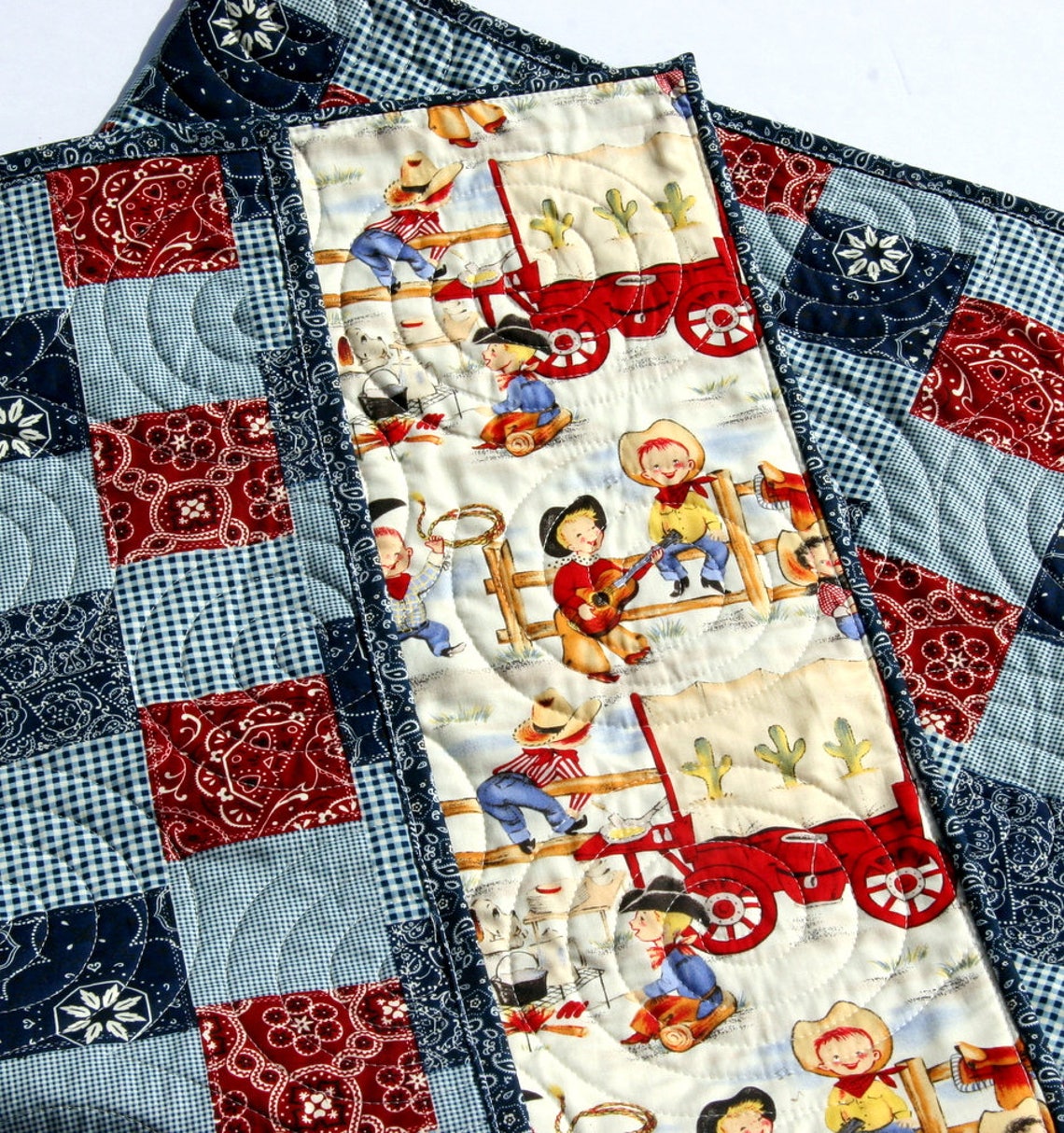 Country Western Baby Quilt, Toddler Bedding, Cowpoke, Wagon, Bandana ...