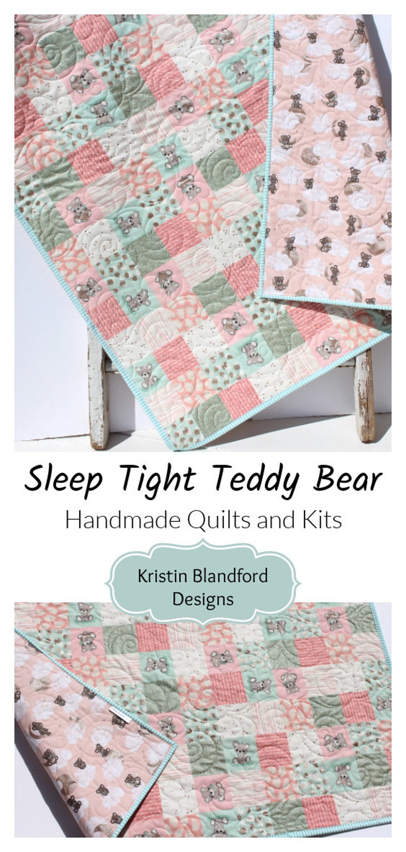 Baby Girl Quilt Handmade Newborn Blanket Coral Teddy Bear | Etsy