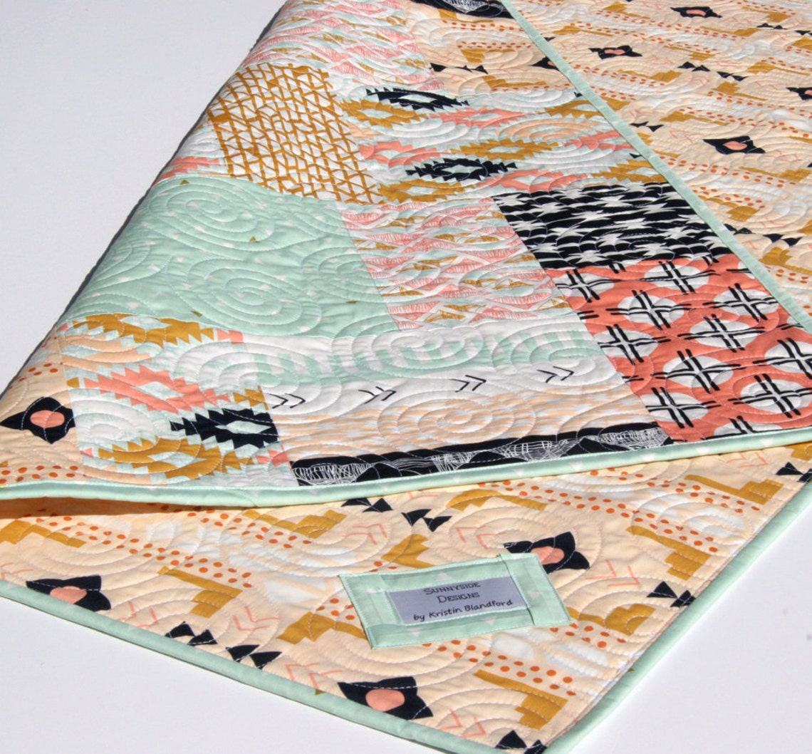 Modern Tribal Baby Quilt – Geometric Boho Nursery Blanket – Coral Mint ...