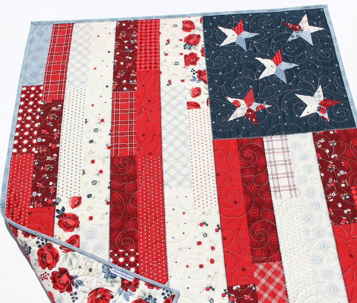 American Dream Flag Quilt Faux Patchwork Home Decor Patriotic USA ...