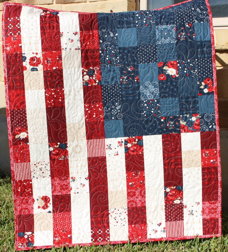 American Flag Quilt Faux Patchwork Home Decor Patriotic USA United ...