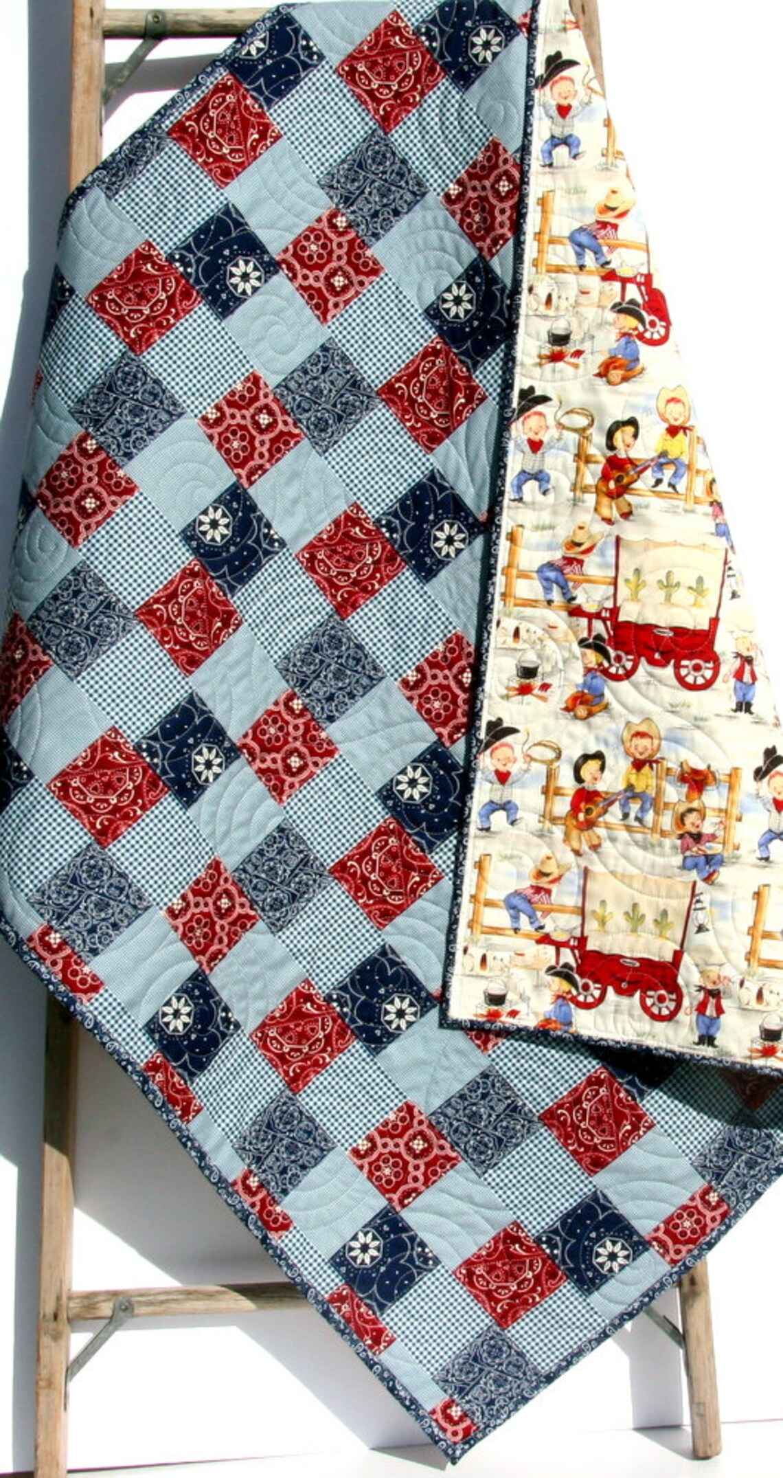 Country Western Baby Quilt, Toddler Bedding, Cowpoke, Wagon, Bandana ...