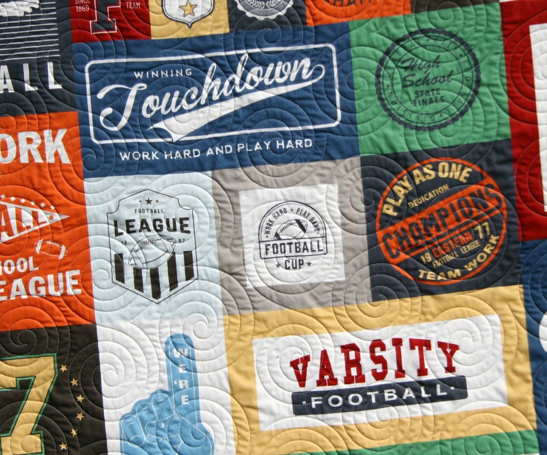 Football Quilt, Gift for Him, Patchwork Blanket, Adult Minky, Varsity ...