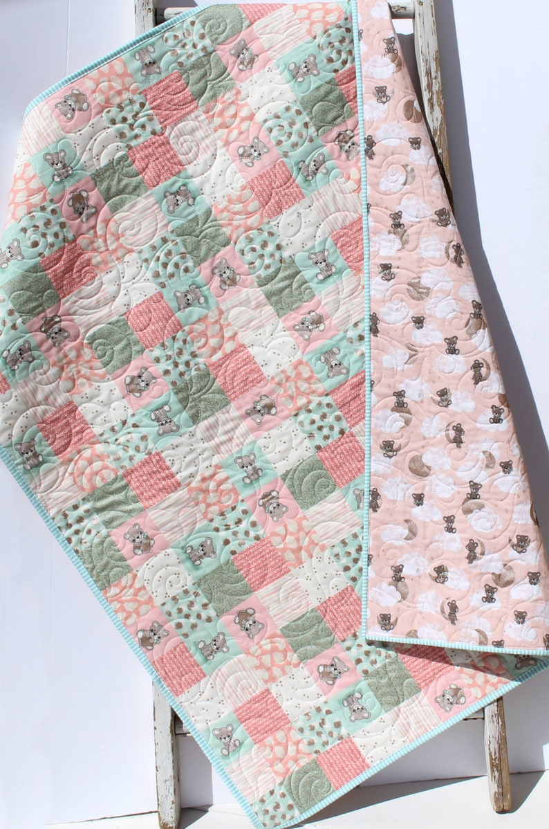 Baby Girl Quilt Handmade Newborn Blanket Coral Teddy Bear | Etsy
