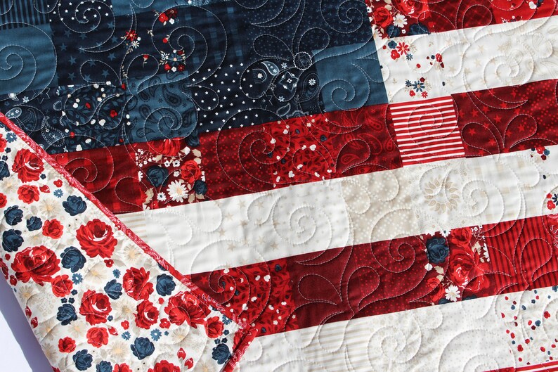 American Flag Quilt Faux Patchwork Home Decor Patriotic USA United ...