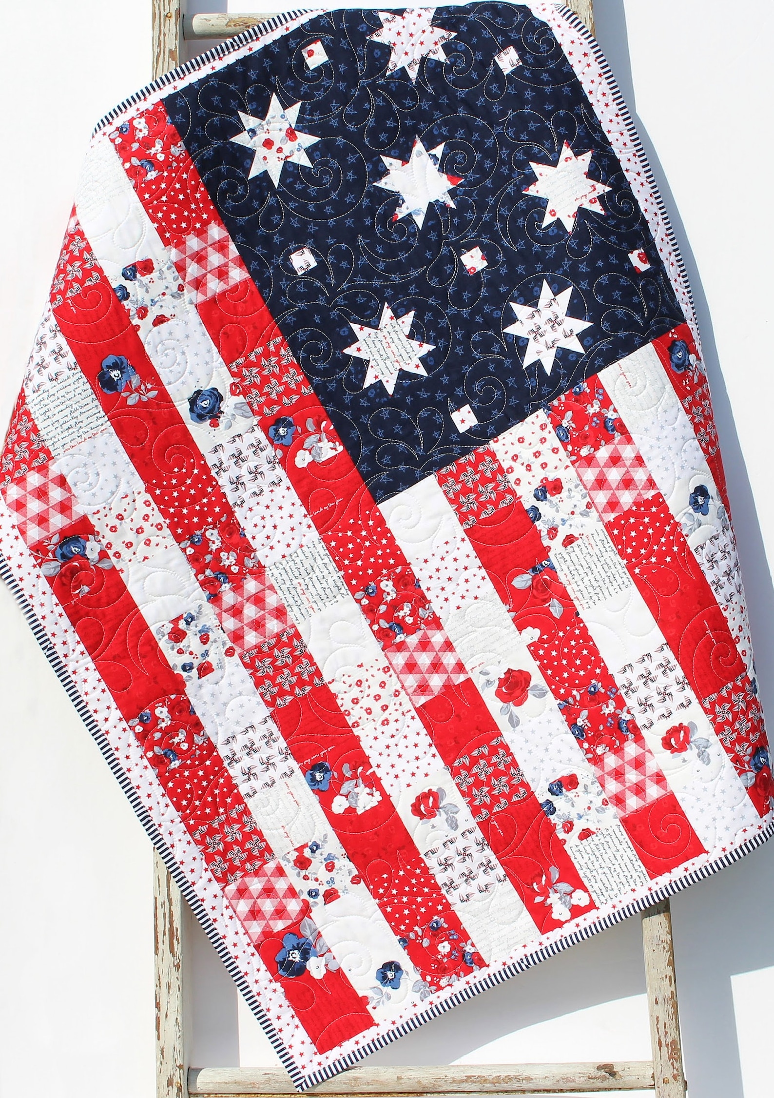 American Flag Quilt Faux Patchwork Home Decor Patriotic USA United ...